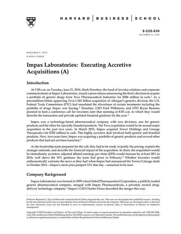 Impax Laboratories: Executing Accretive Acquisitions (A) – Harvard ...