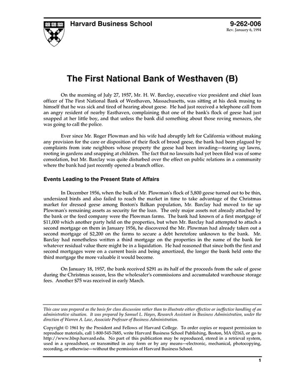 First National Bank of Westhaven (B) – Harvard Business School Publishing
