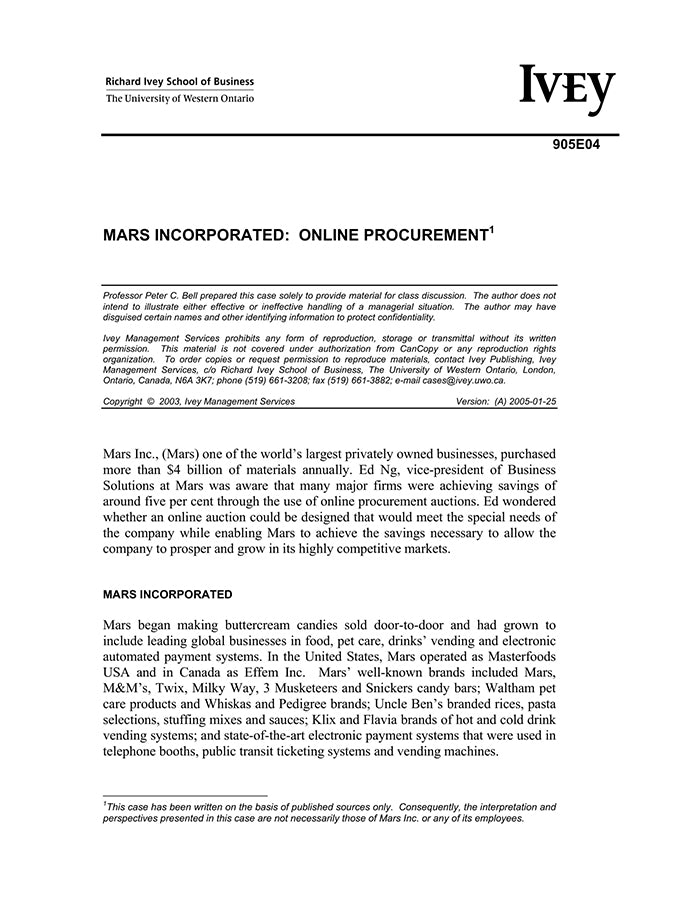 Mars Inc.: Online Procurement – Harvard Business School Publishing