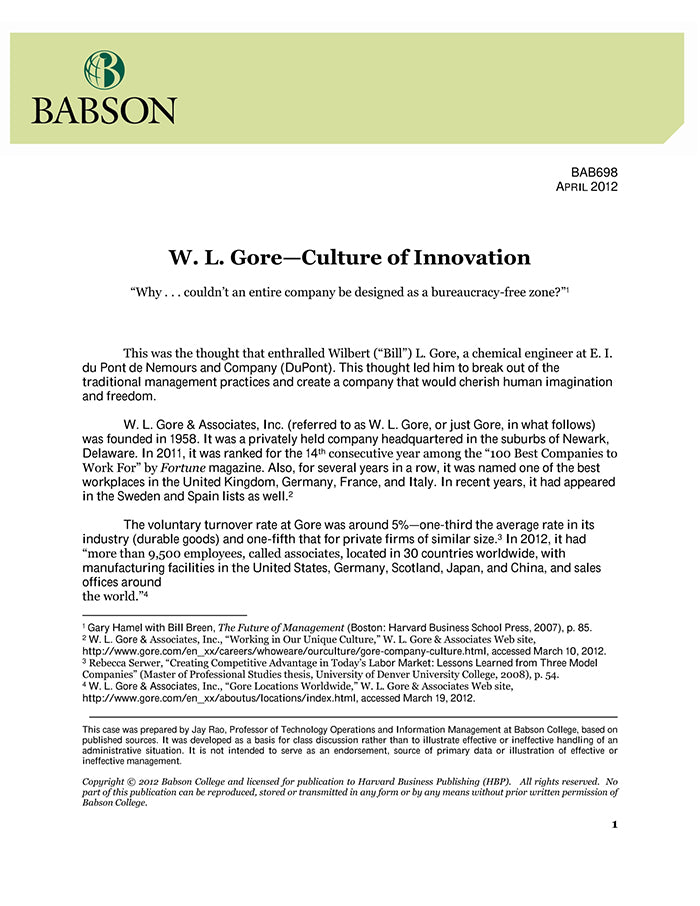 W.L. Gore: Culture of Innovation – Harvard Business School Publishing
