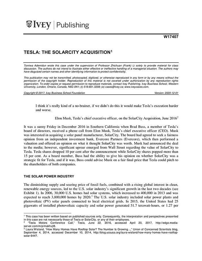 Tesla: The SolarCity Acquisition – Harvard Business School Publishing