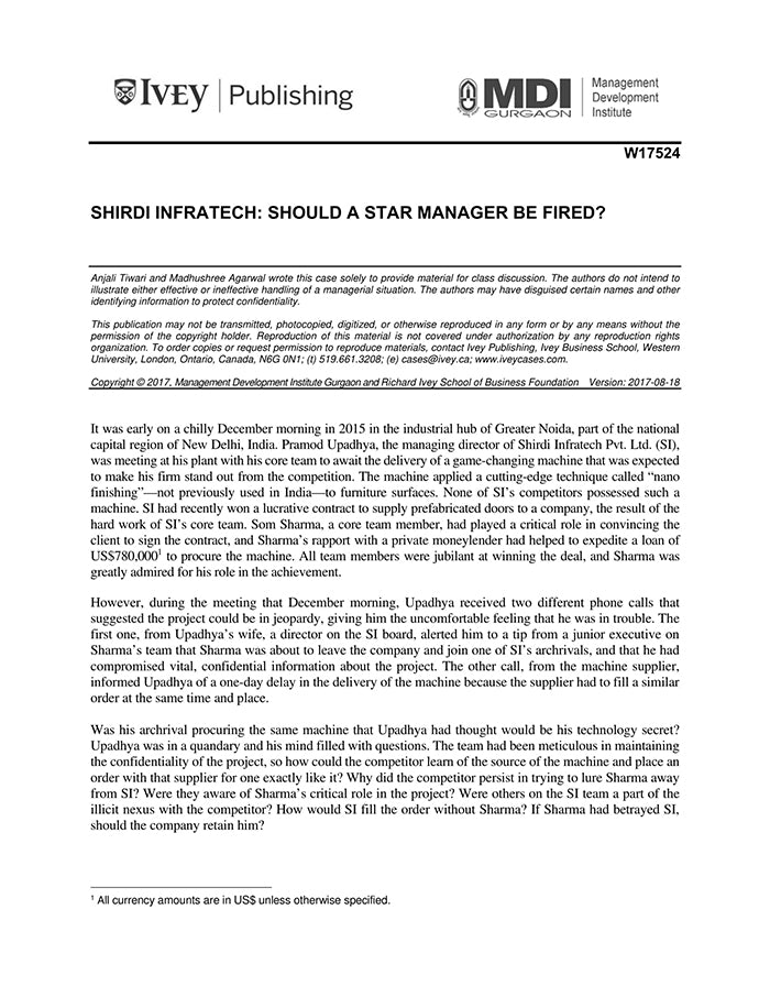 Shirdi Infratech: Should a Star Manager be Fired? – Harvard Business ...