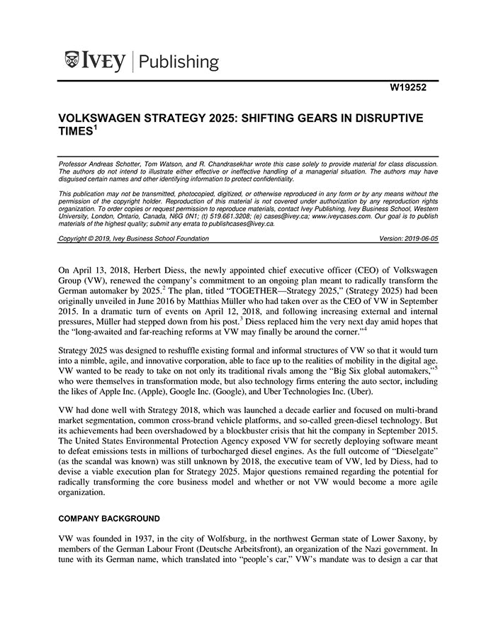 Volkswagen Strategy 2025: Shifting Gears in Disruptive Times – Harvard ...