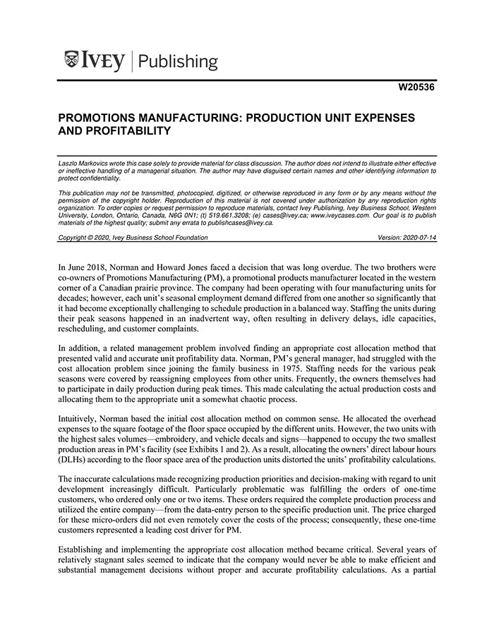 Promotions Manufacturing: Production Unit Expenses and Profitability ...