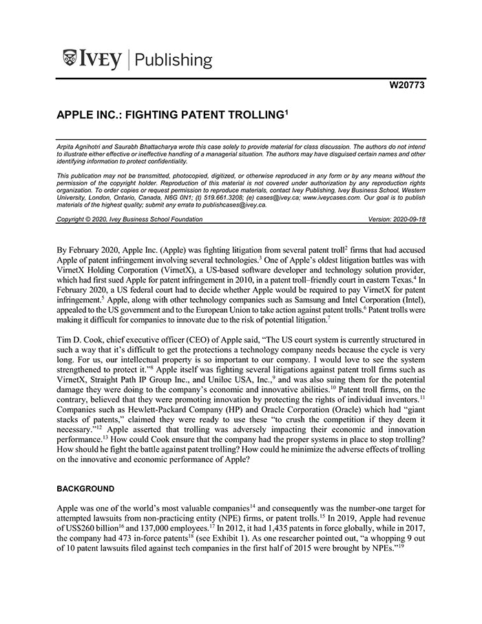Apple Inc.: Fighting Patent Trolling – Harvard Business School Publishing